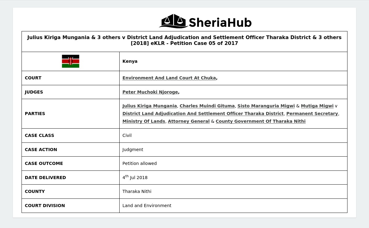 Julius Kiriga Mungania & 3 Others V District Land Adjudication And ...