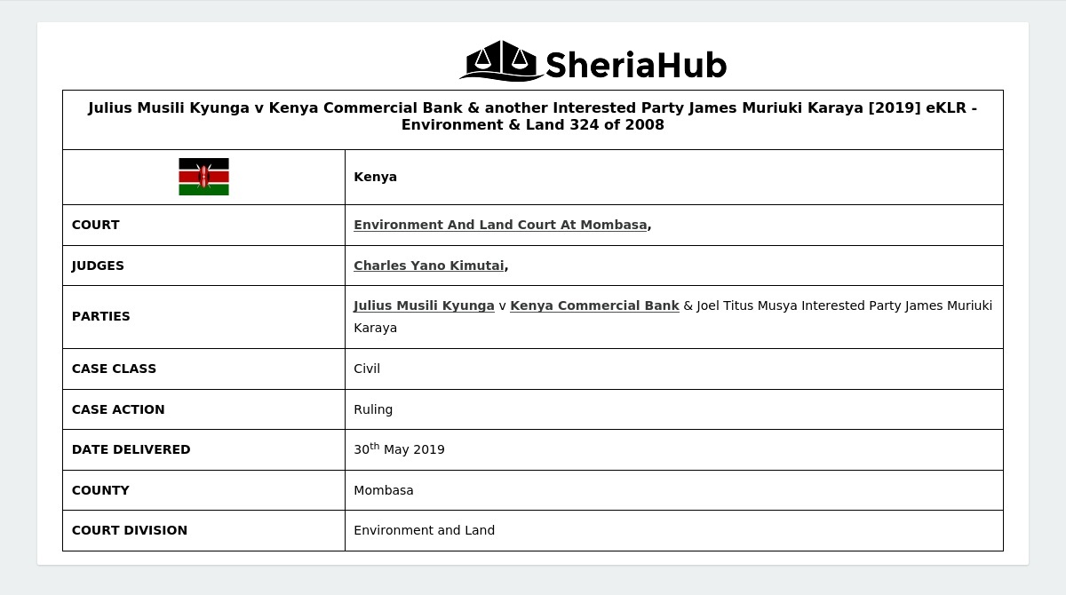 Julius Musili Kyunga V Kenya Commercial Bank & Another Interested Party James Muriuki Karaya ...