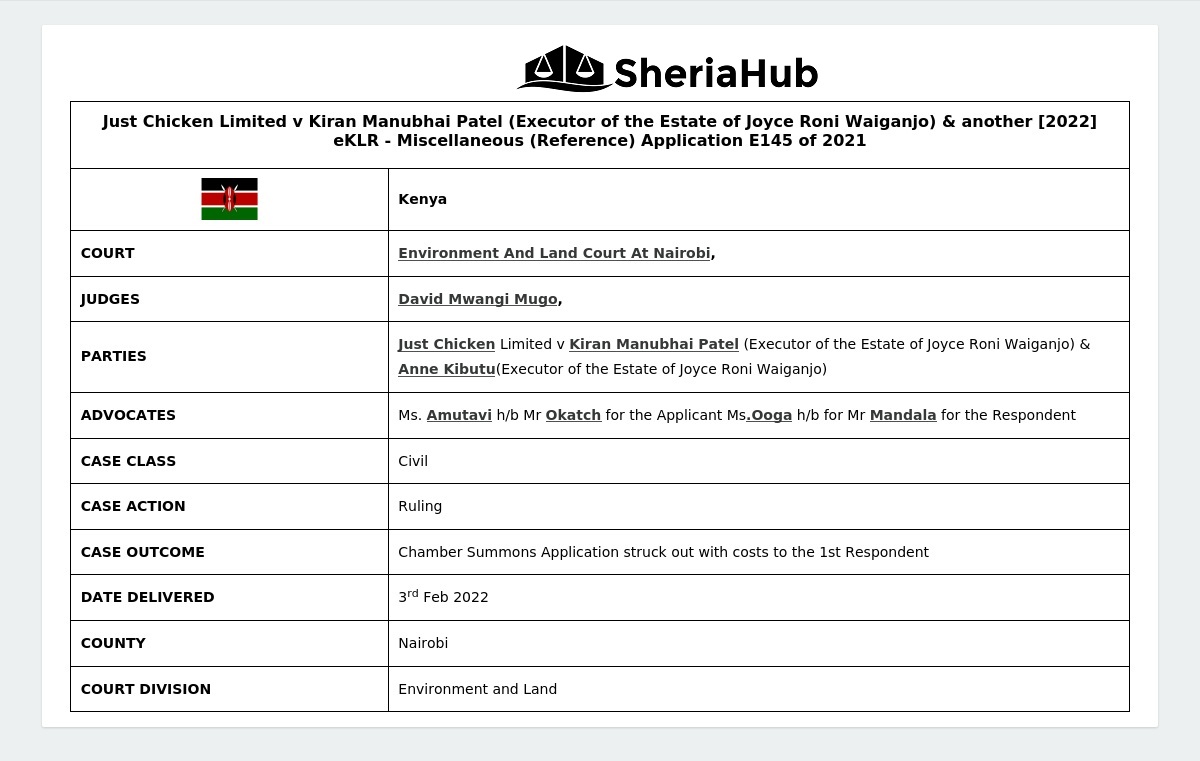 Just Chicken Limited V Kiran Manubhai Patel (Executor Of The Estate Of ...
