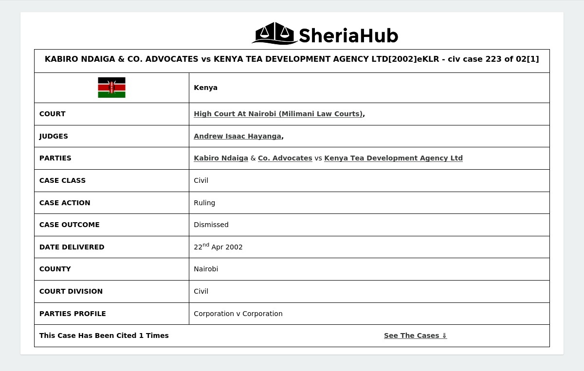 Kabiro Ndaiga & Co. Advocates Vs Kenya Tea Development Agency Ltd[2002]Eklr