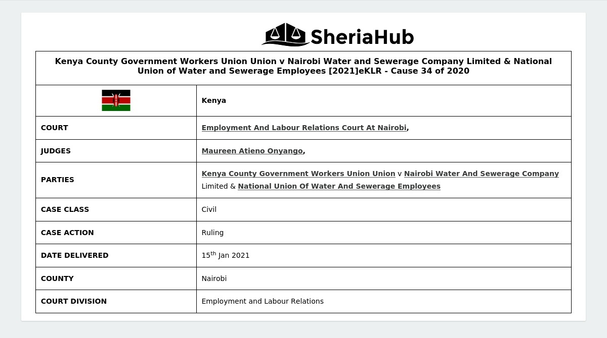 Kenya County Government Workers Union Union V Nairobi Water And ...