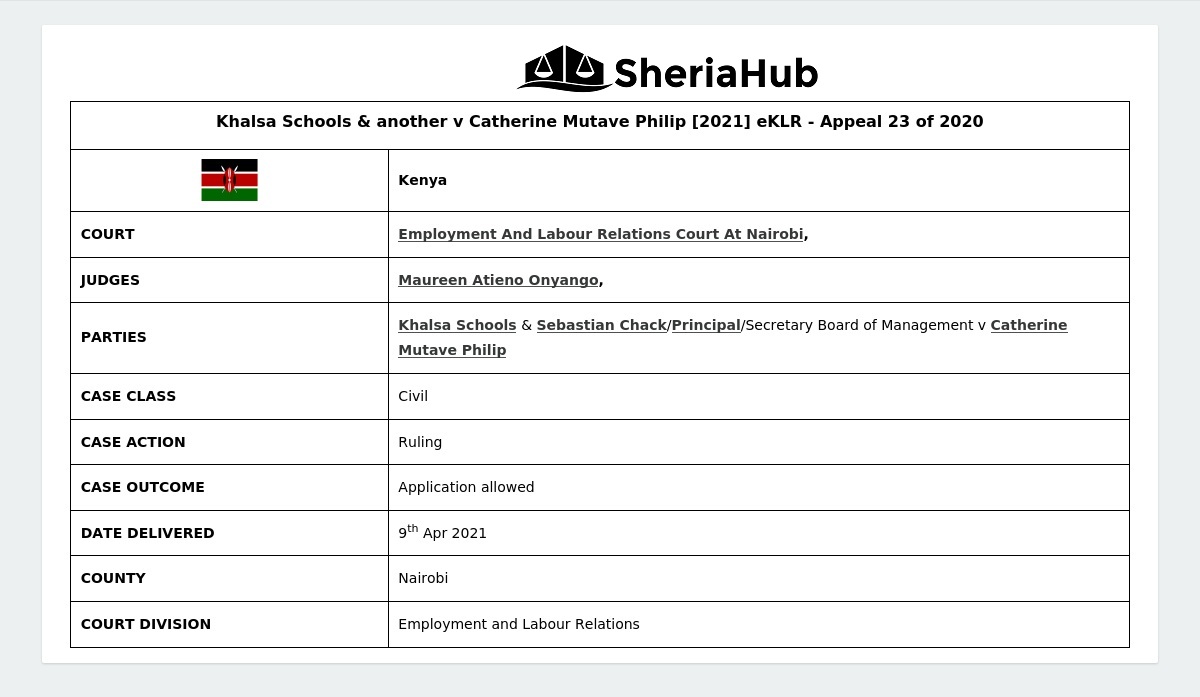Khalsa Schools & Another V Catherine Mutave Philip [2021] Eklr