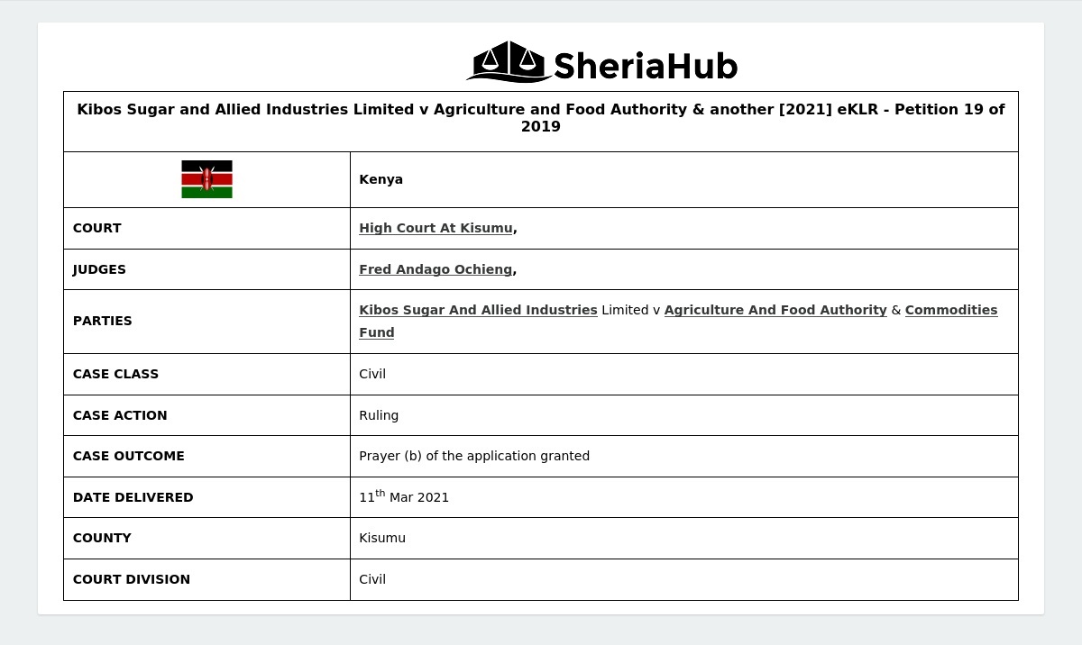 Kibos Sugar And Allied Industries Limited V Agriculture And Food ...