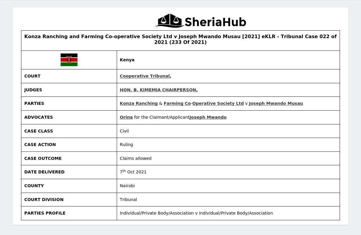 Konza Ranching And Farming Co-Operative Society Ltd V Joseph Mwando ...