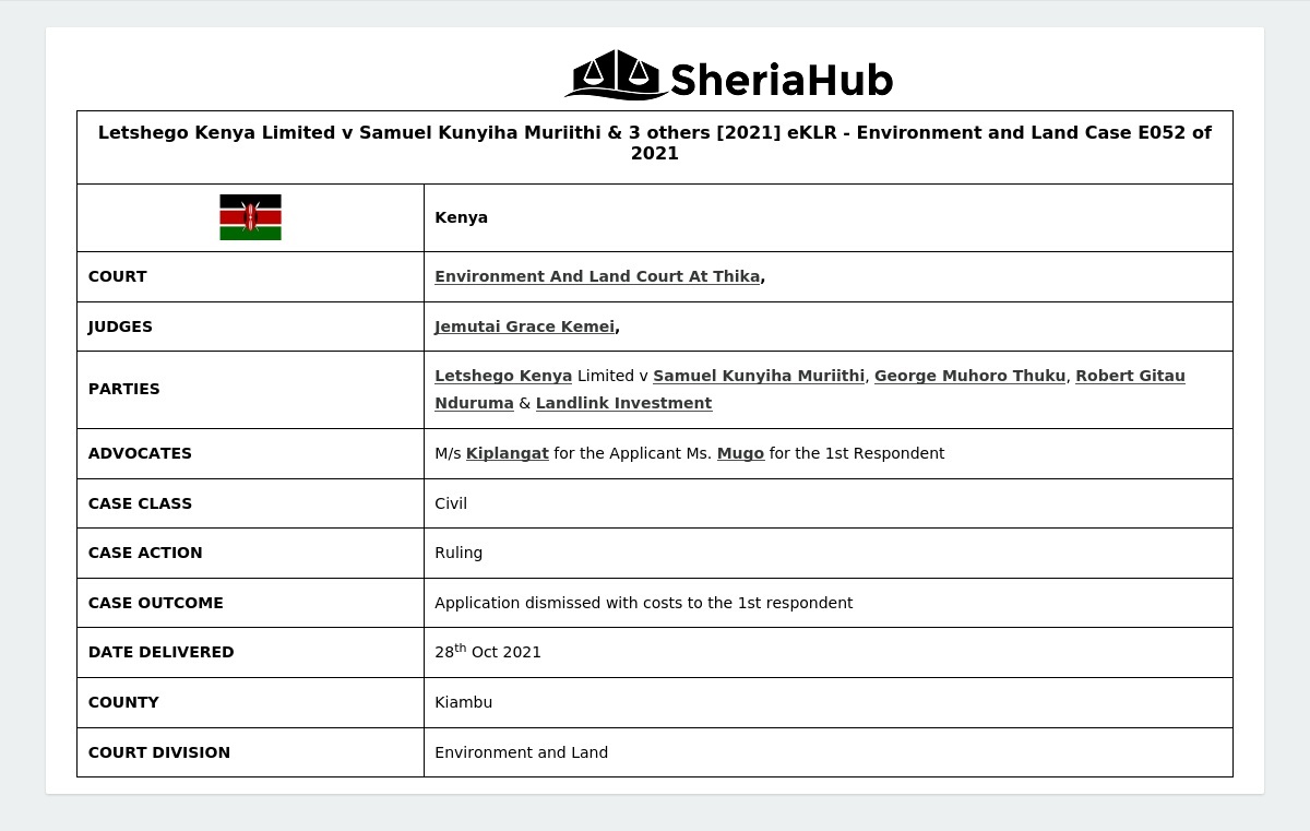 Letshego Kenya Limited V Samuel Kunyiha Muriithi & 3 Others [2021] Eklr