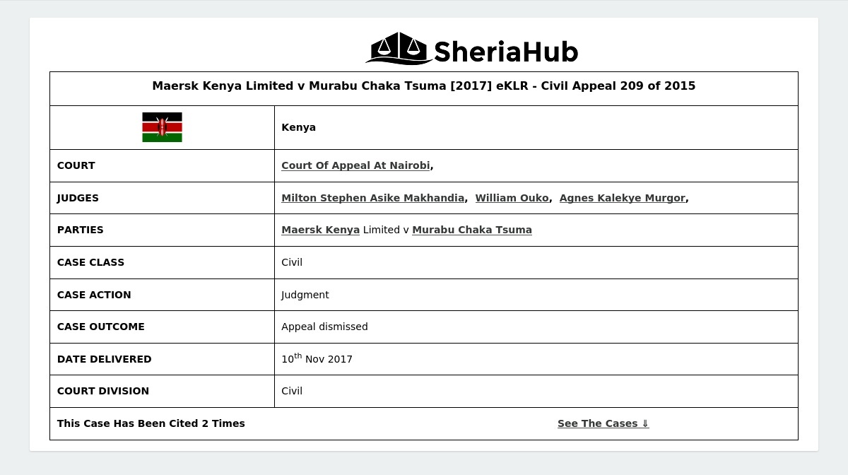 Maersk Kenya Limited V Murabu Chaka Tsuma [2017] Eklr