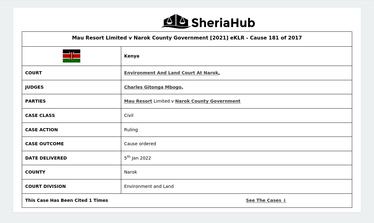 Mau Resort Limited V Narok County Government [2021] Eklr