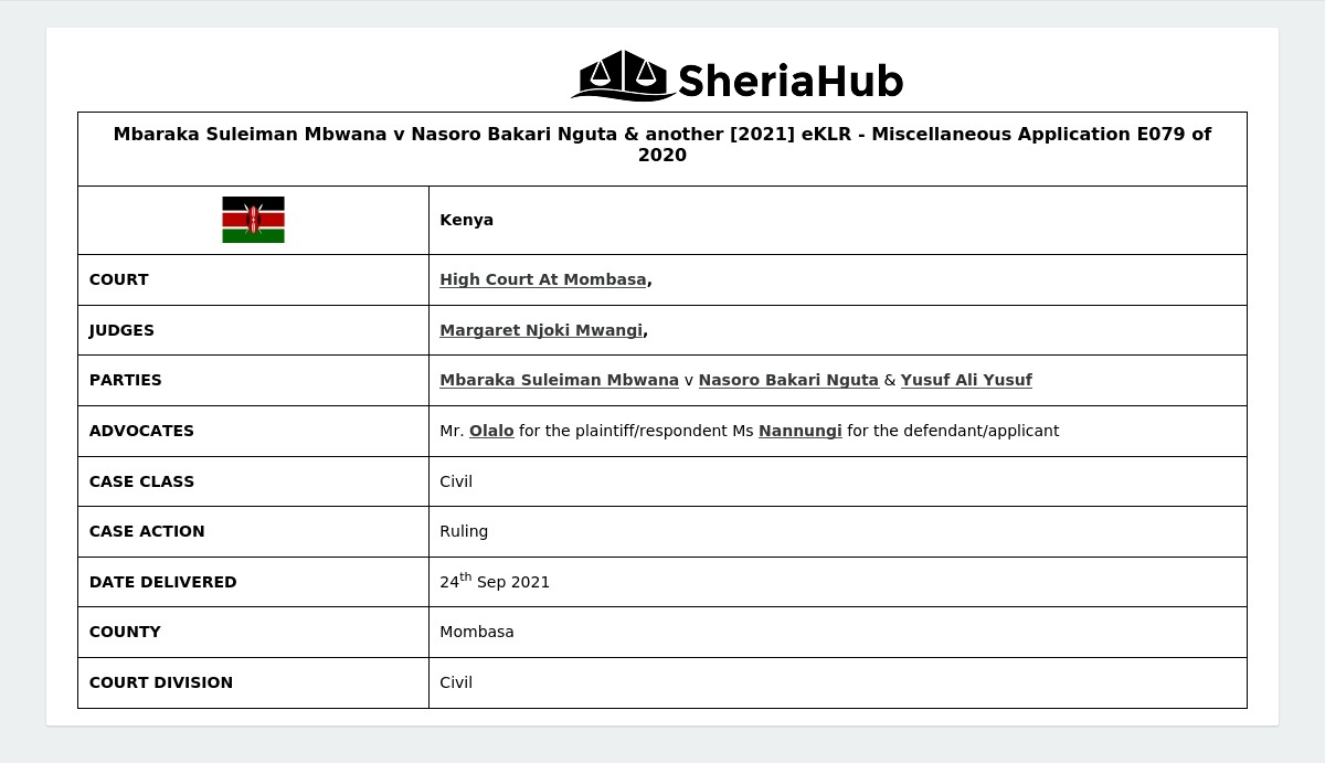 Mbaraka Suleiman Mbwana V Nasoro Bakari Nguta & Another [2021] Eklr