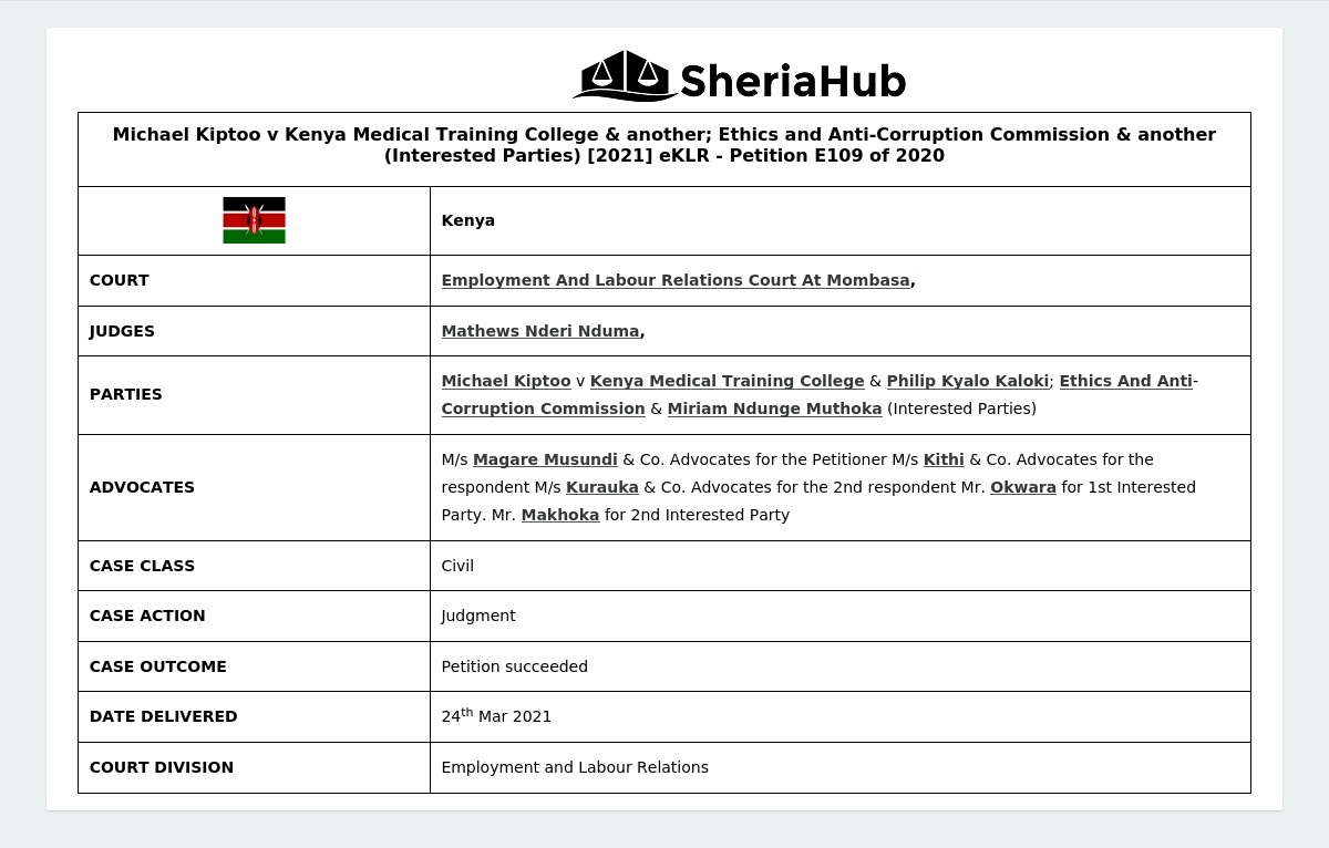Michael Kiptoo V Kenya Medical Training College & Another; Ethics And ...