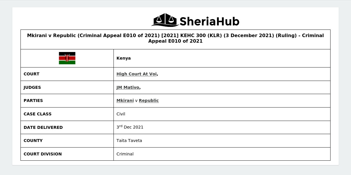 Mkirani V Republic (Criminal Appeal E010 Of 2021) [2021] Kehc 300 (Klr) (3 December 2021) (Ruling)