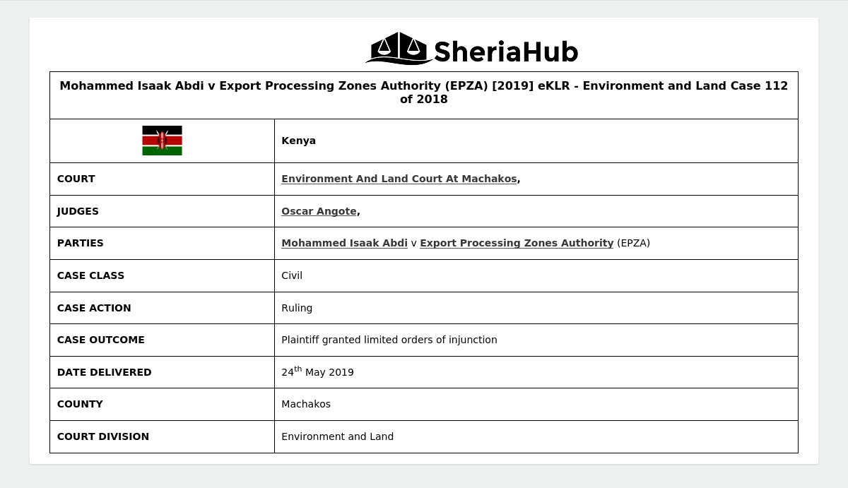 Mohammed Isaak Abdi V Export Processing Zones Authority (Epza) [2019] Eklr