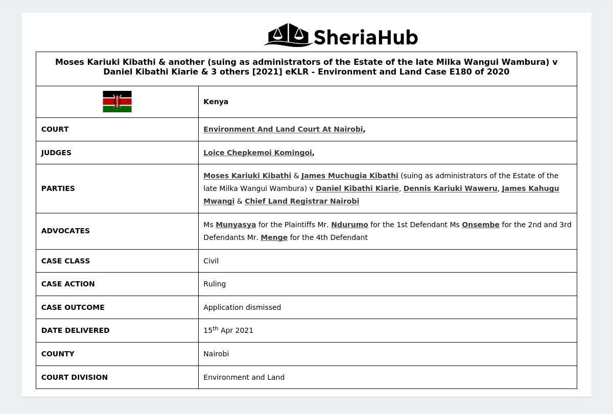Moses Kariuki Kibathi & Another (Suing As Administrators Of The Estate ...