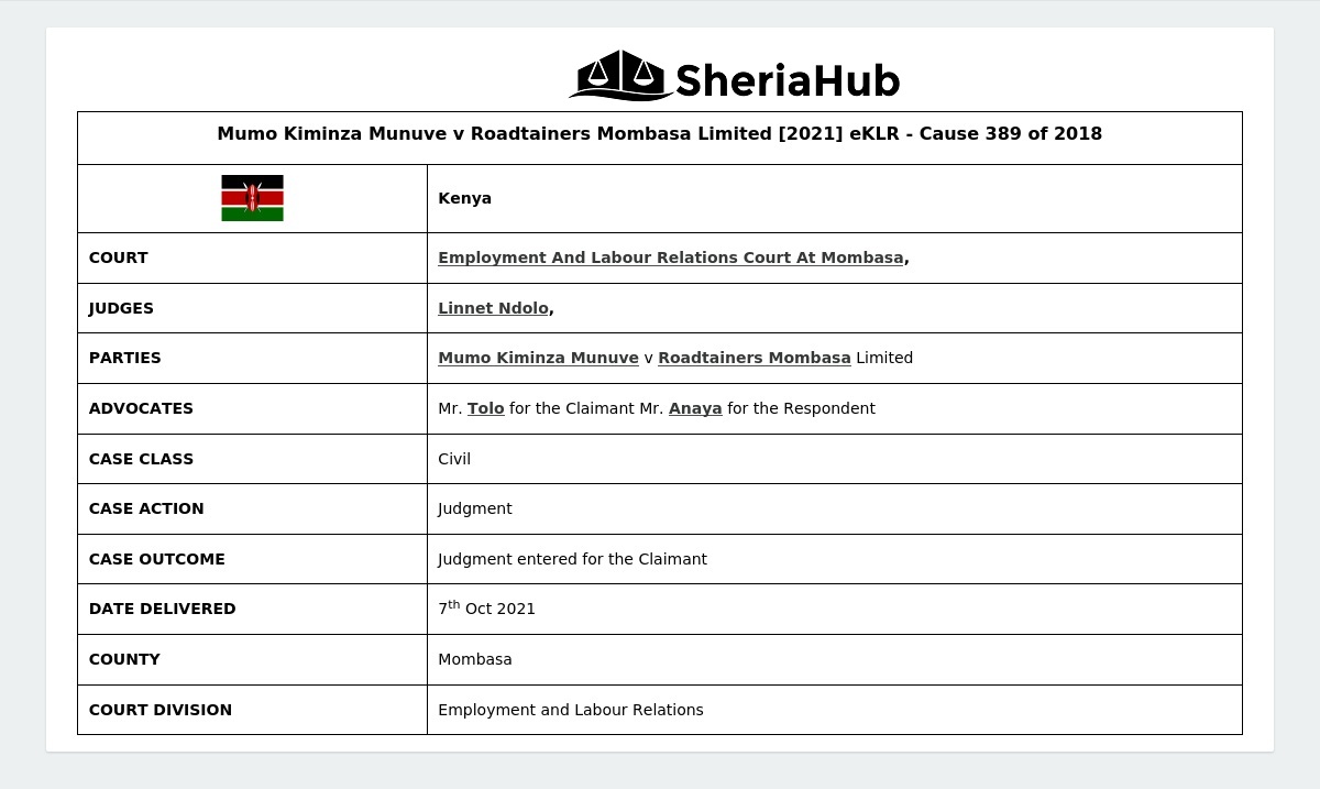 Mumo Kiminza Munuve V Roadtainers Mombasa Limited [2021] Eklr