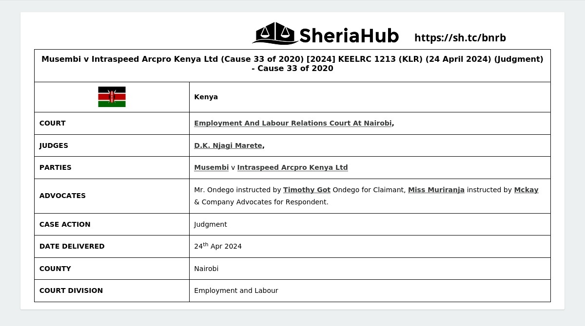 Musembi V Intraspeed Arcpro Kenya Ltd (Cause 33 Of 2020) [2024] Keelrc ...