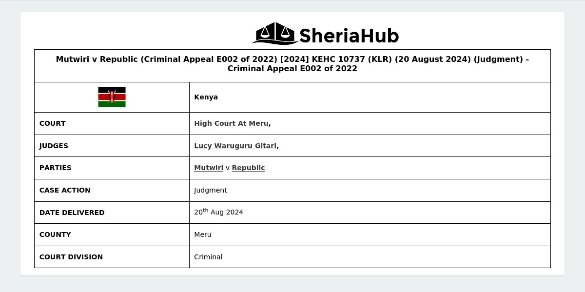 Mutwiri V Republic (Criminal Appeal E002 Of 2022) [2024] Kehc 10737 ...
