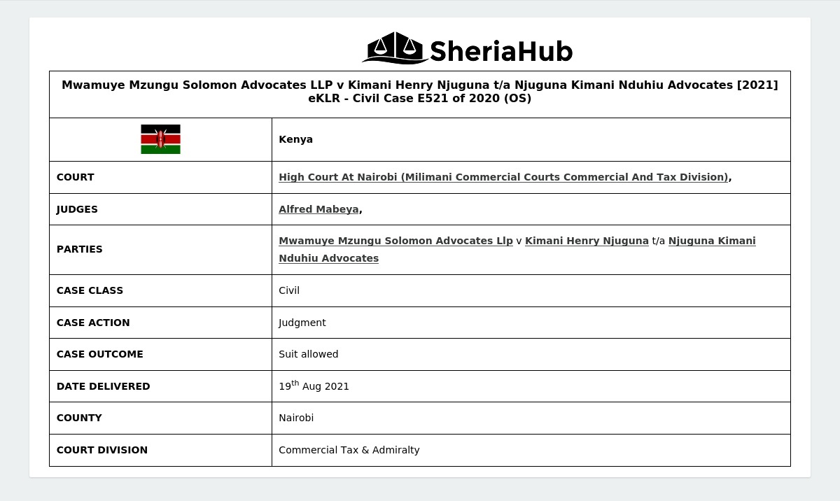 Mwamuye Mzungu Solomon Advocates Llp V Kimani Henry Njuguna T/A Njuguna ...
