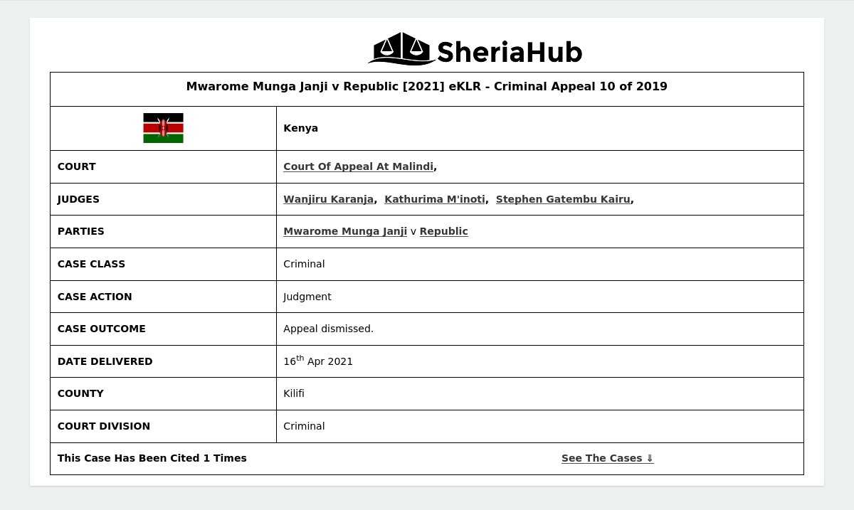 Mwarome Munga Janji V Republic [2021] Eklr