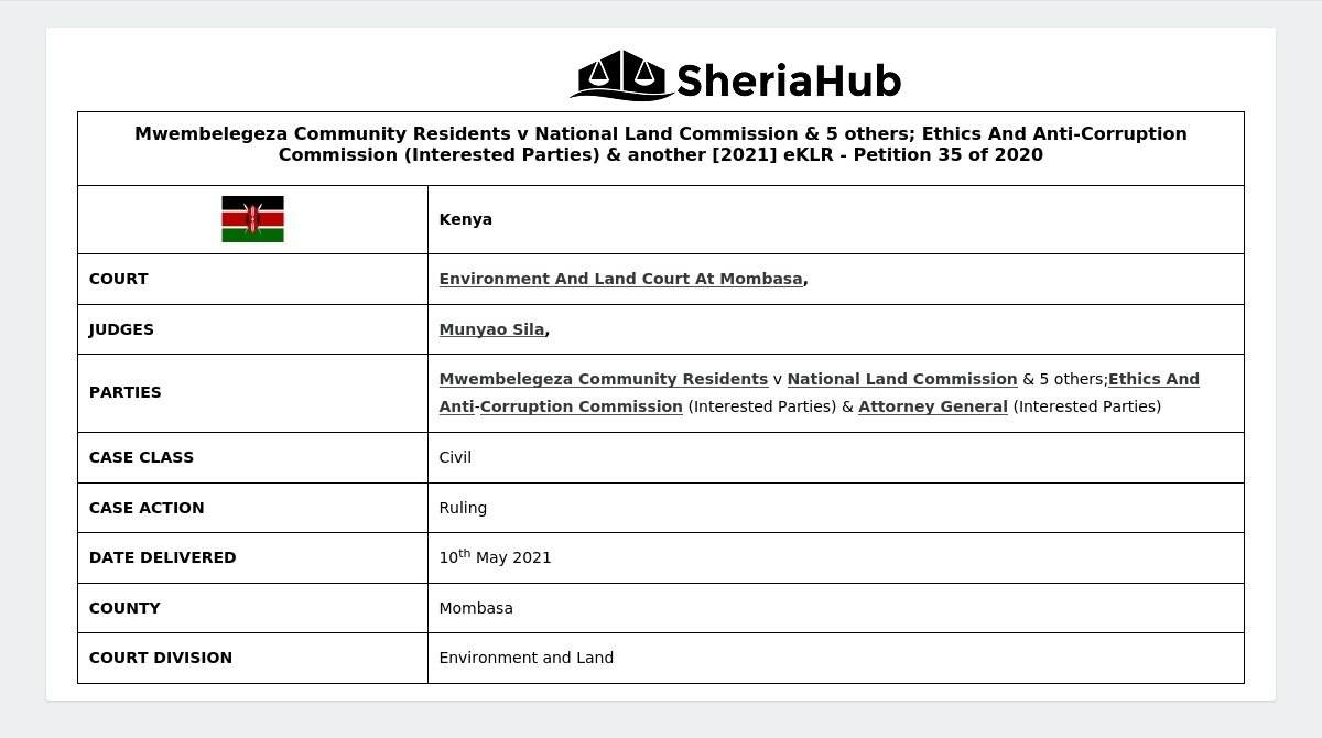 Mwembelegeza Community Residents V National Land Commission & 5 Others ...