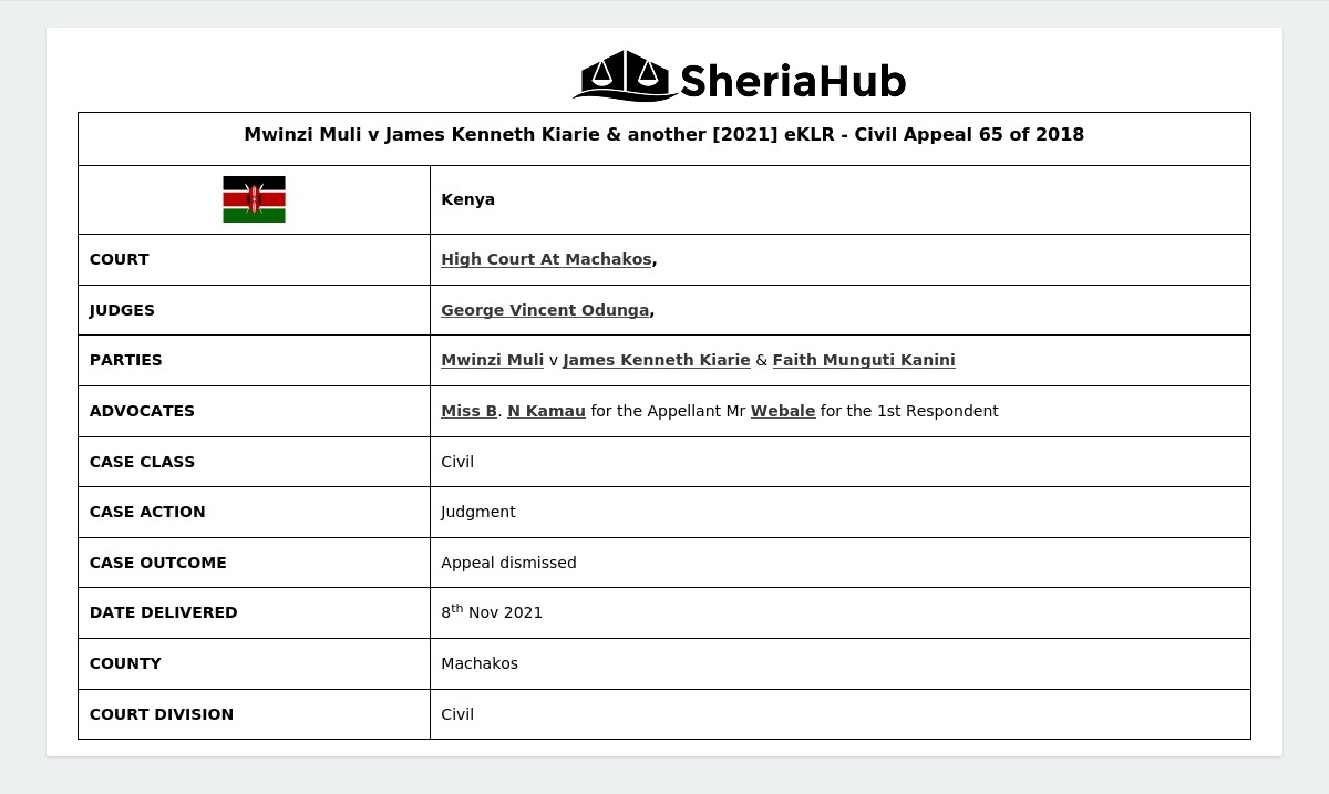 Mwinzi Muli V James Kenneth Kiarie & Another [2021] Eklr