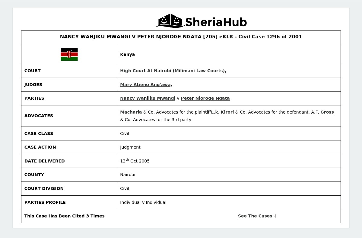 Nancy Wanjiku Mwangi V Peter Njoroge Ngata [205] Eklr