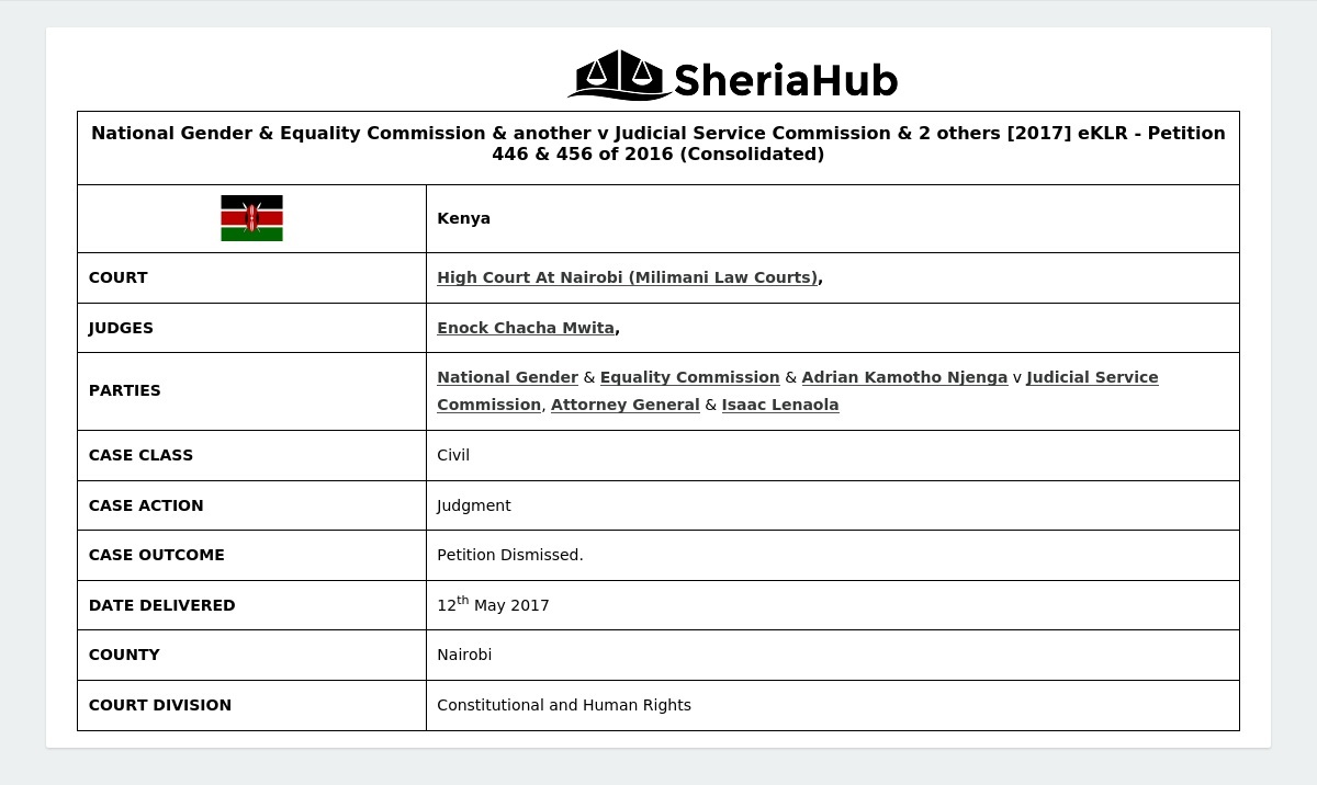 National Gender & Equality Commission & Another V Judicial Service ...