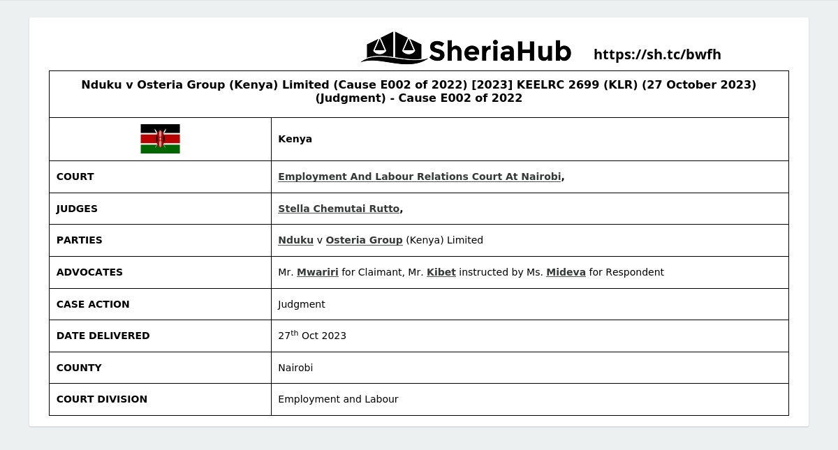 Nduku V Osteria Group (Kenya) Limited (Cause E002 Of 2022) [2023 ...