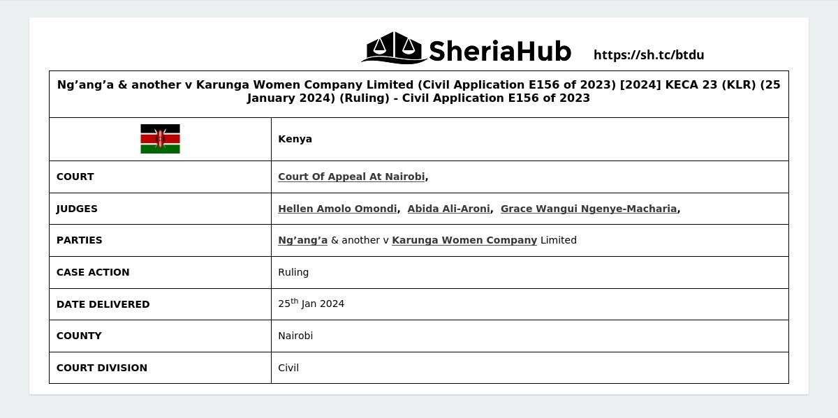 Ng’ang’a & Another V Karunga Women Company Limited (Civil Application ...