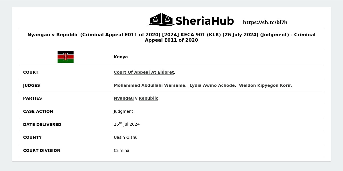 Nyangau V Republic (Criminal Appeal E011 Of 2020) [2024] Keca 901 (Klr ...