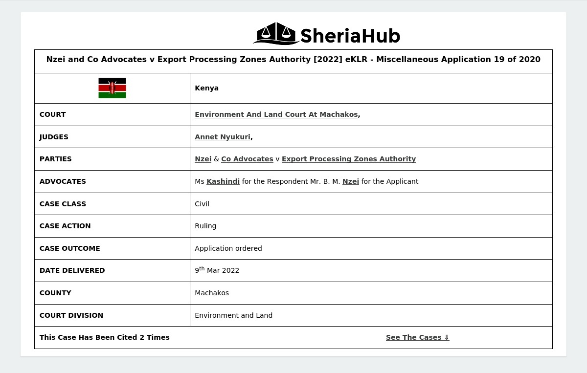 Nzei And Co Advocates V Export Processing Zones Authority [2022] Eklr