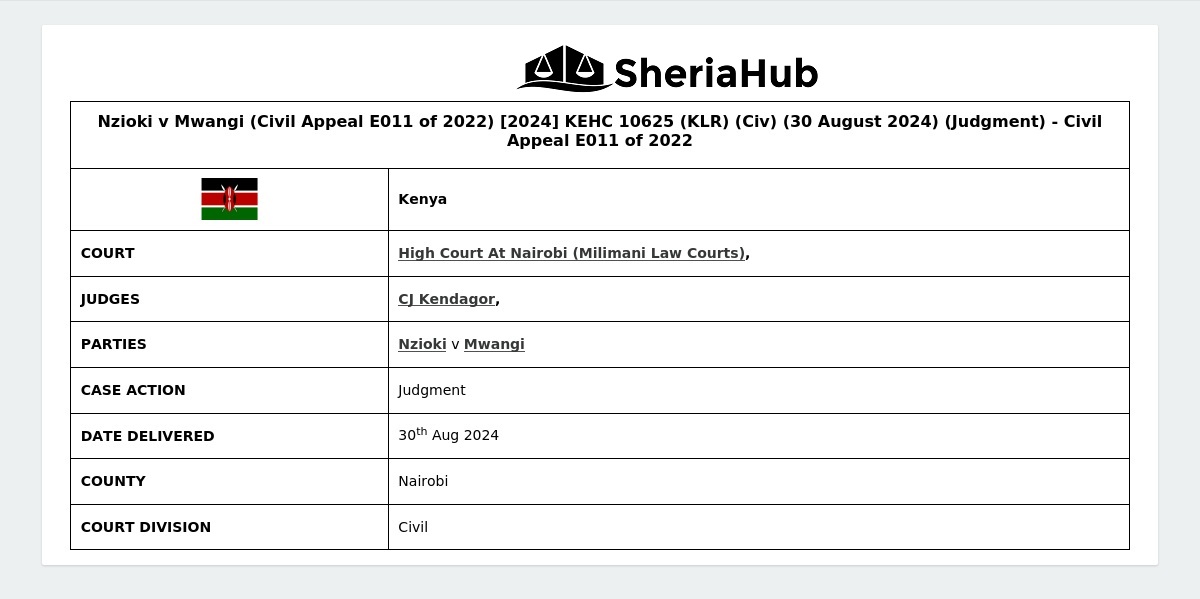 Nzioki V Mwangi (Civil Appeal E011 Of 2022) [2024] Kehc 10625 (Klr ...