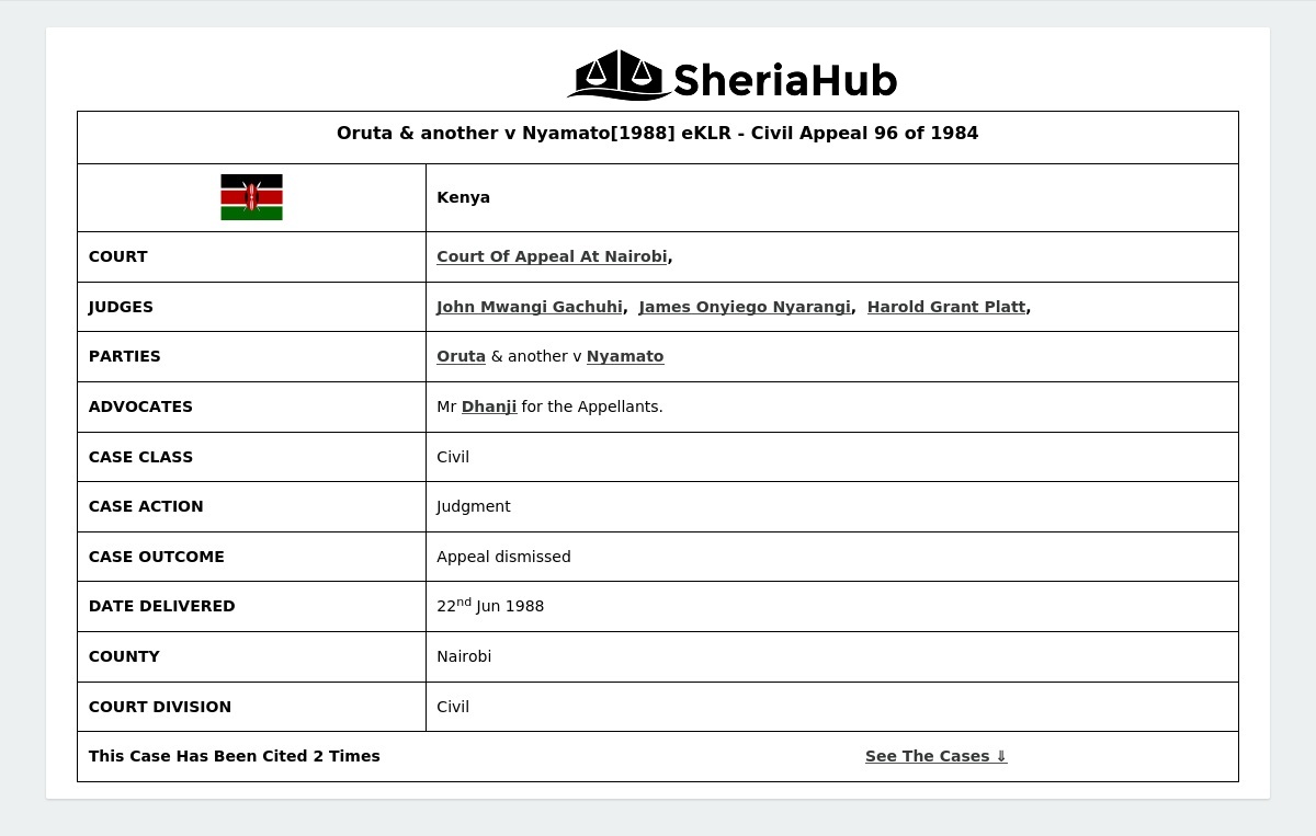 Oruta & Another V Nyamato[1988] Eklr