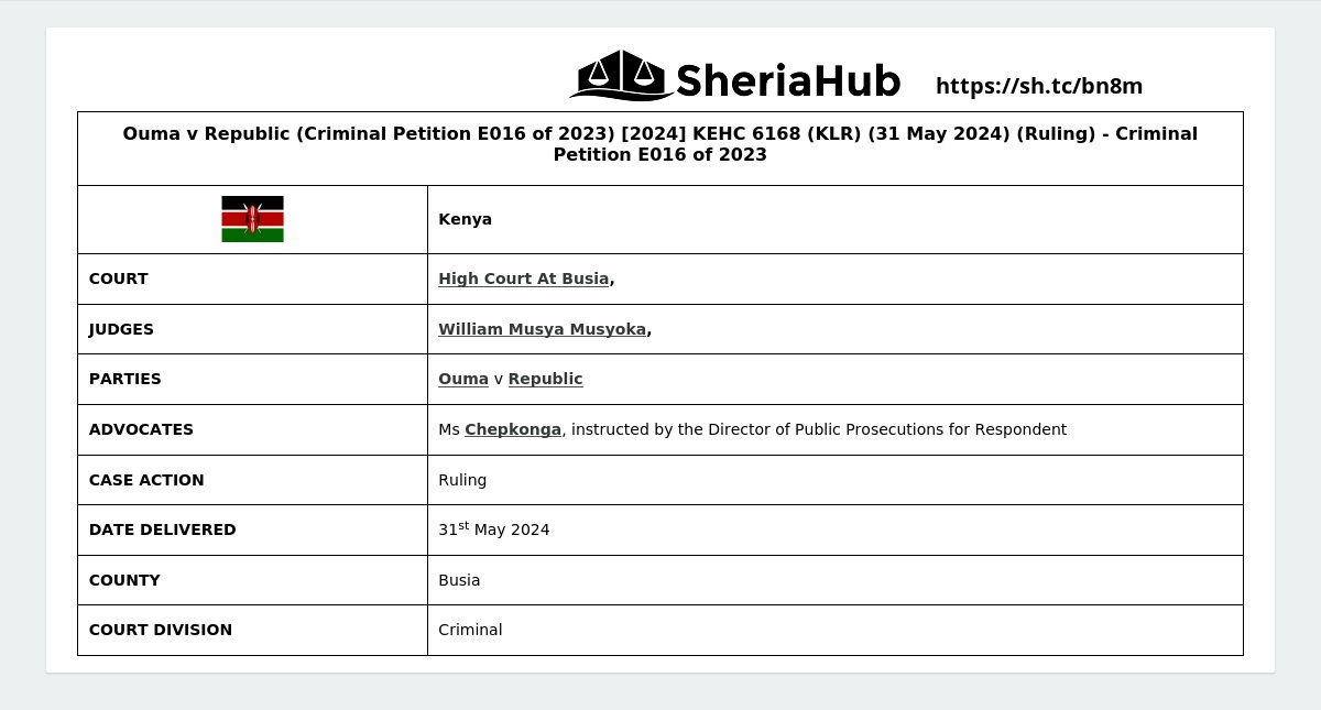 Ouma V Republic (Criminal Petition E016 Of 2023) [2024] Kehc 6168 (Klr) (31 May 2024) (Ruling)