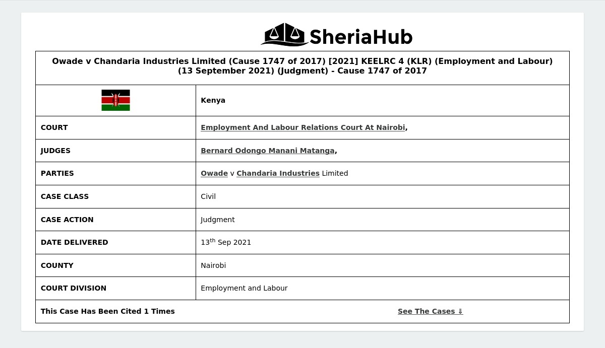 Owade V Chandaria Industries Limited (Cause 1747 Of 2017) [2021] Keelrc ...
