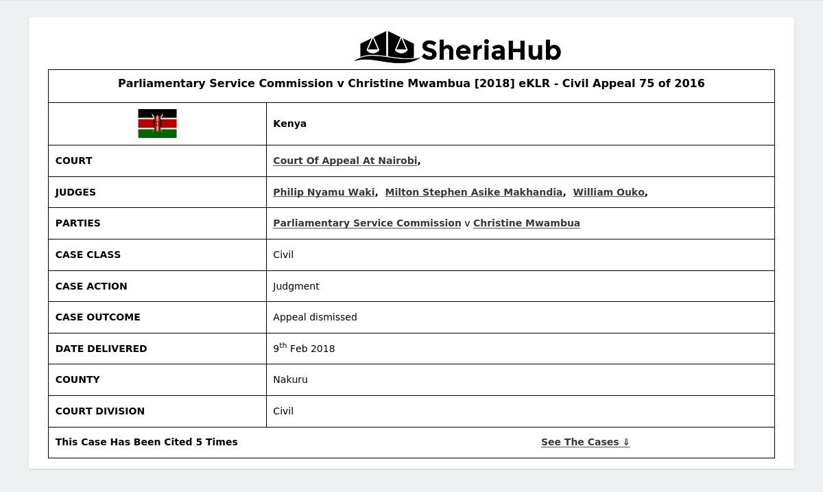 Parliamentary Service Commission V Christine Mwambua [2018] Eklr