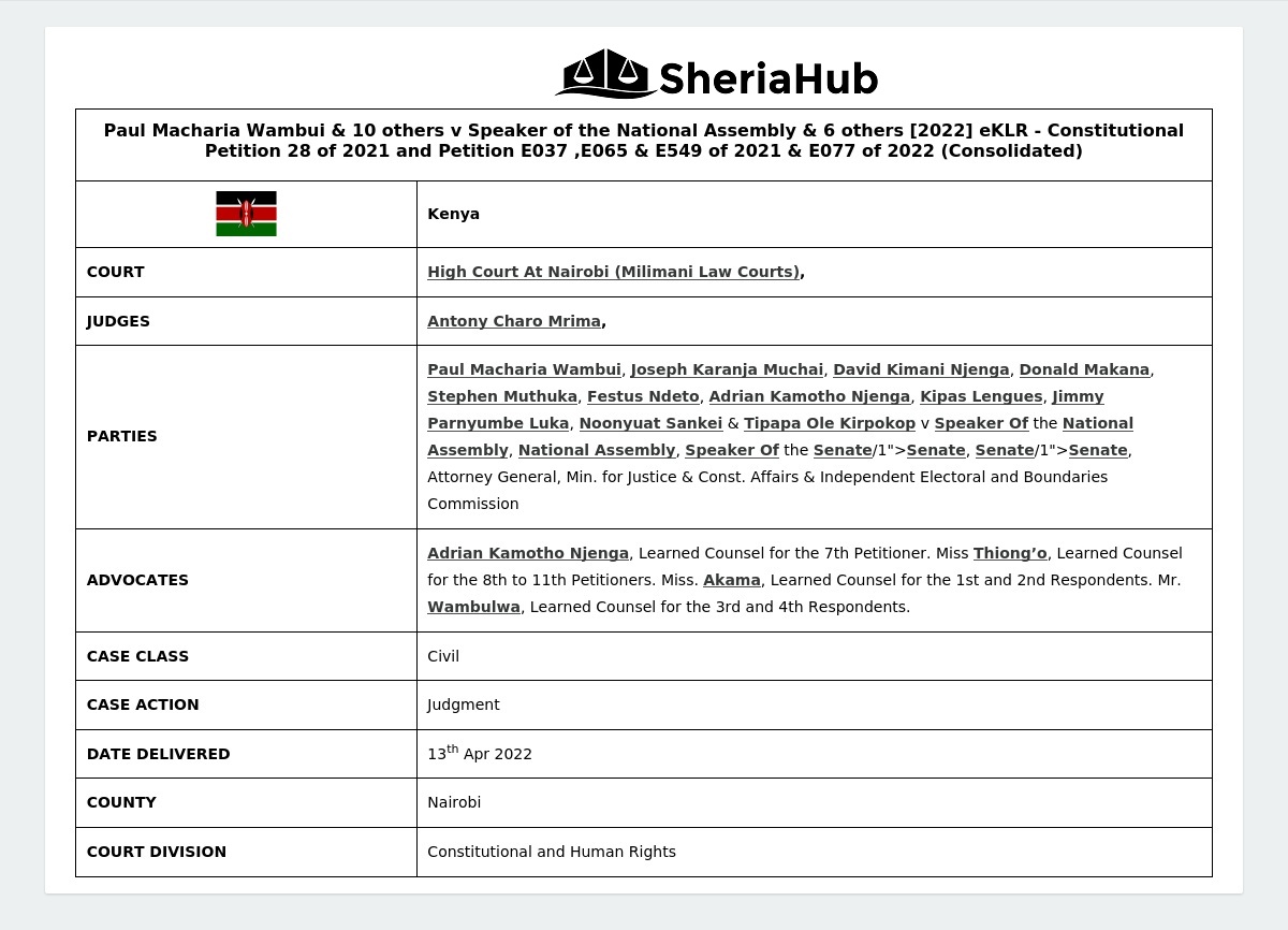 Paul Macharia Wambui & 10 Others V Speaker Of The National Assembly & 6 ...