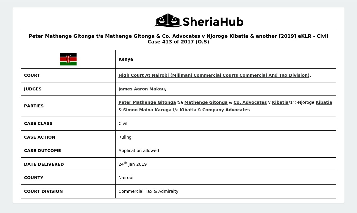 Peter Mathenge Gitonga T/A Mathenge Gitonga & Co. Advocates V Njoroge ...