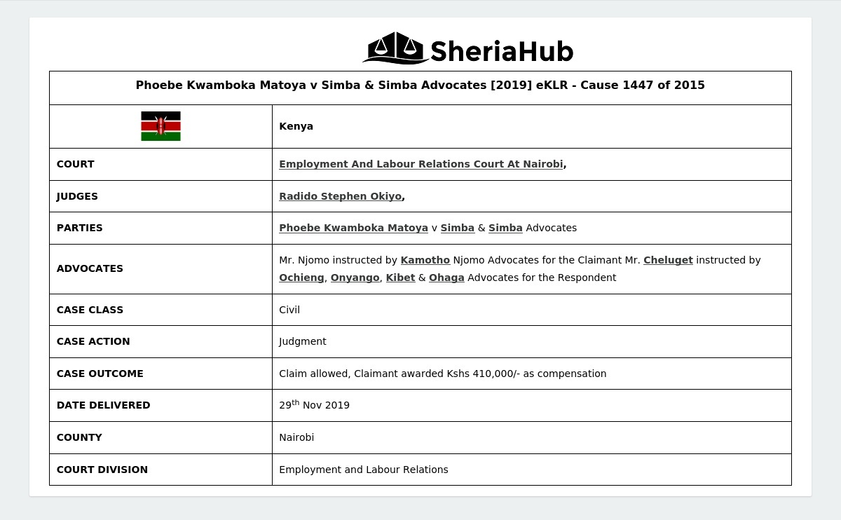 Phoebe Kwamboka Matoya V Simba & Simba Advocates [2019] Eklr