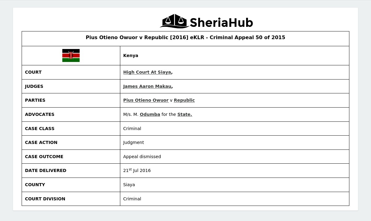 Pius Otieno Owuor V Republic [2016] Eklr