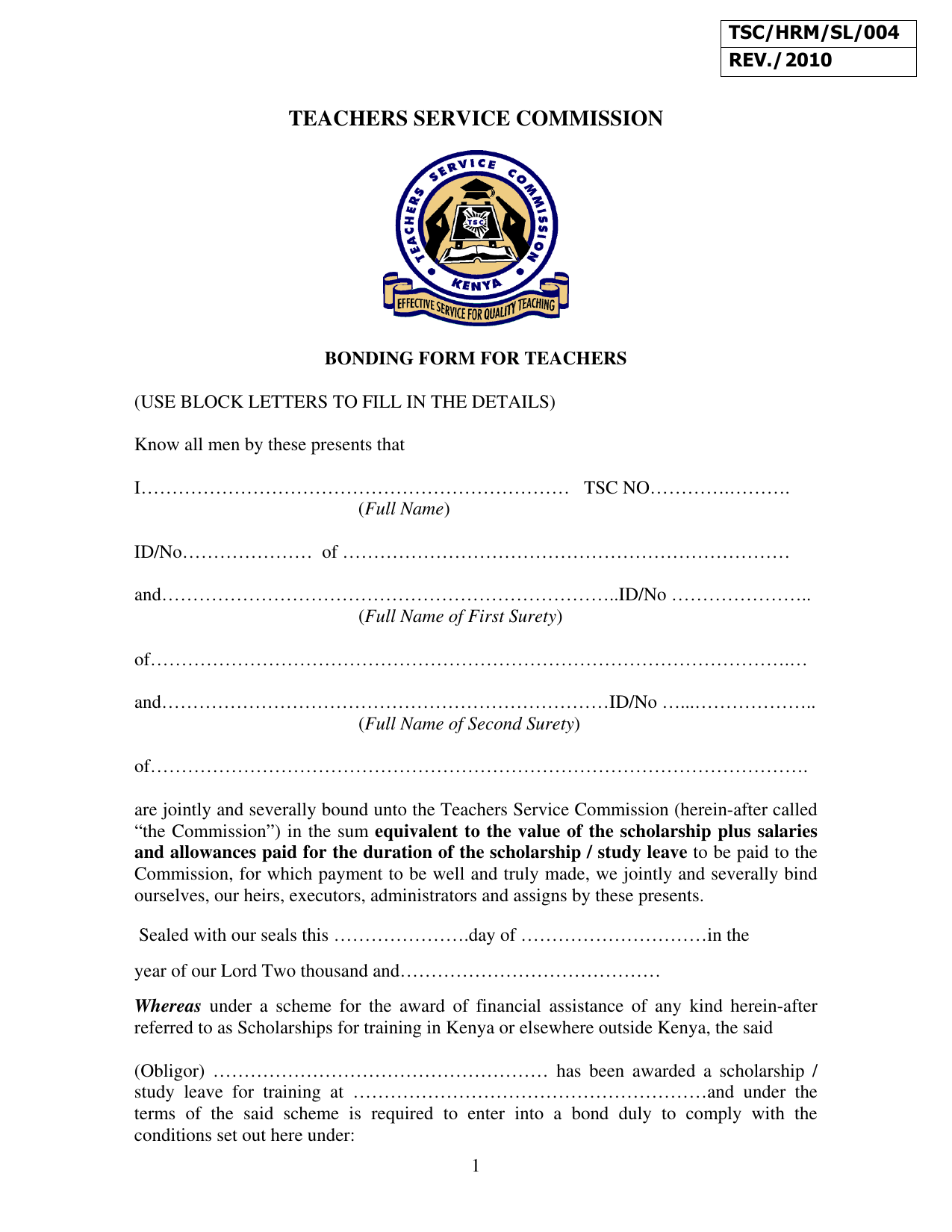 Download Bonding Form Teachers (tsc/hrm/sl/004) - SheriaHub Documents