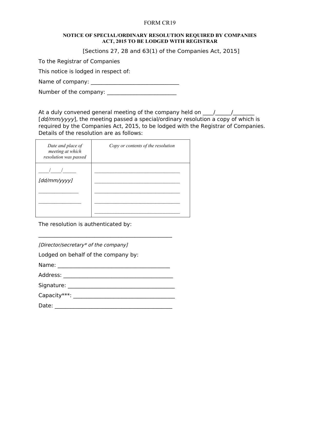 Download Notice Of Special/ordinary Resolution Required By Companies ...