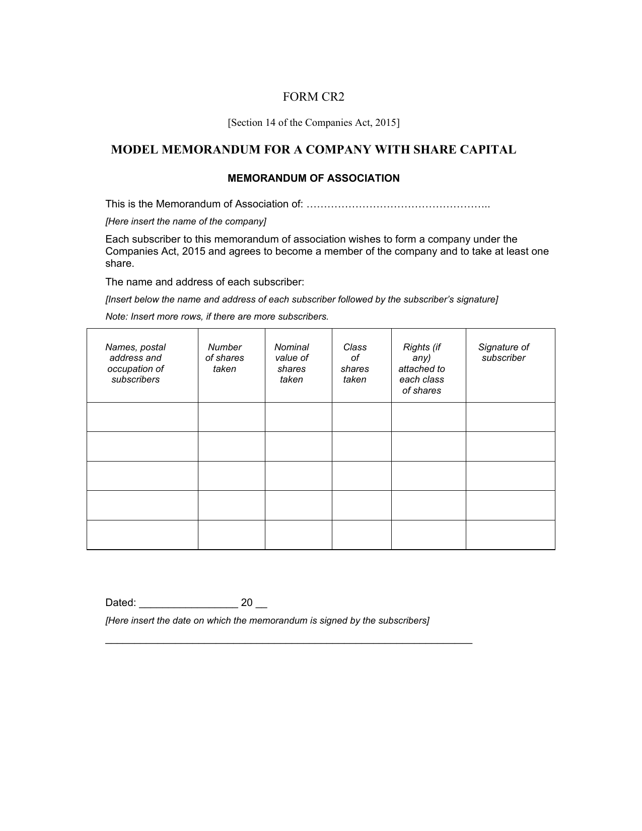 Download Model Memorandum For A Company With Share Capital - Memorandum ...