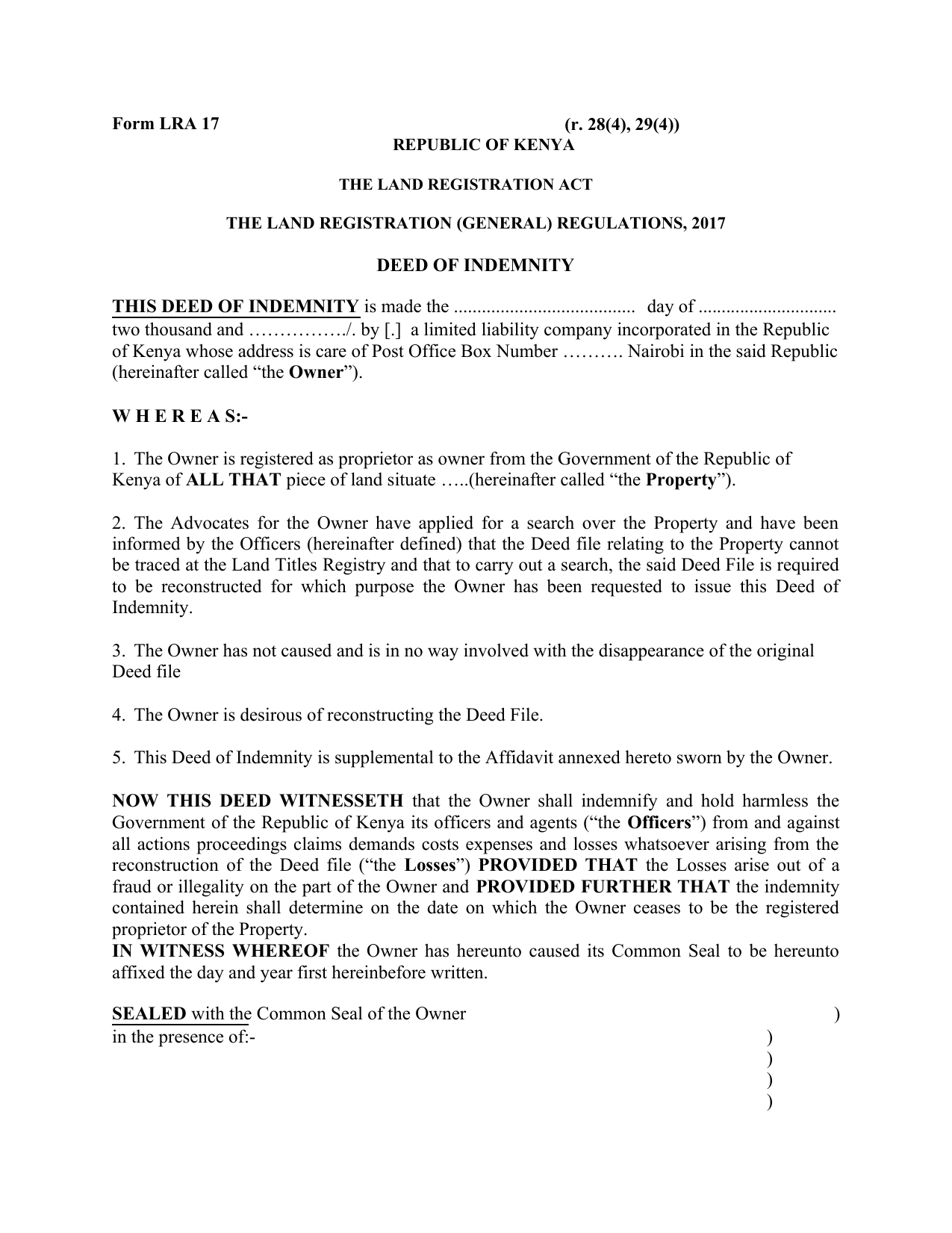 Download Deed Of Indemnity (form-lra-17) - SheriaHub Documents