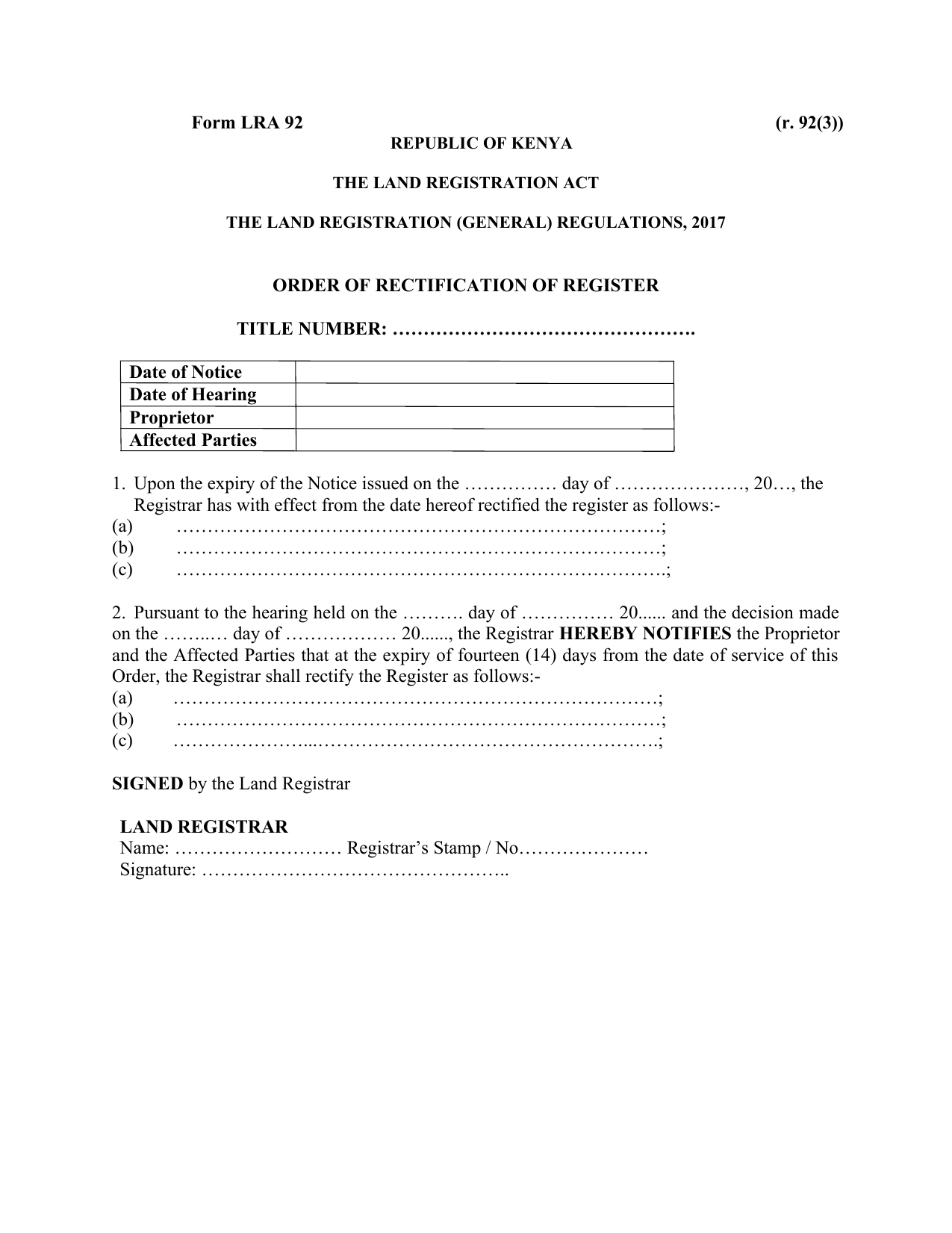 Download Order Of Rectification Of Register (form-lra-92) - SheriaHub Documents