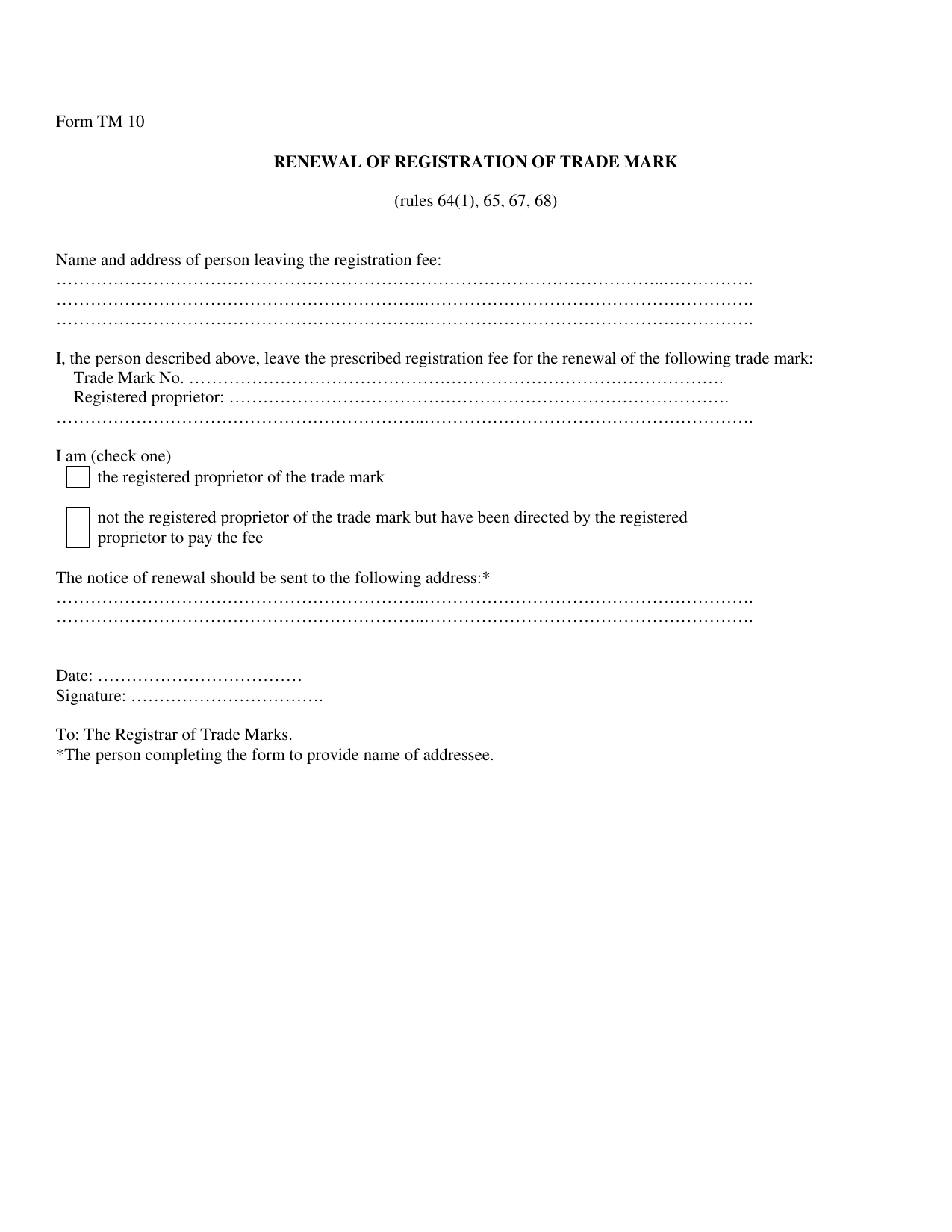 Download Renewal Of Registration Of Trade Mark(form Tm 10) - SheriaHub ...