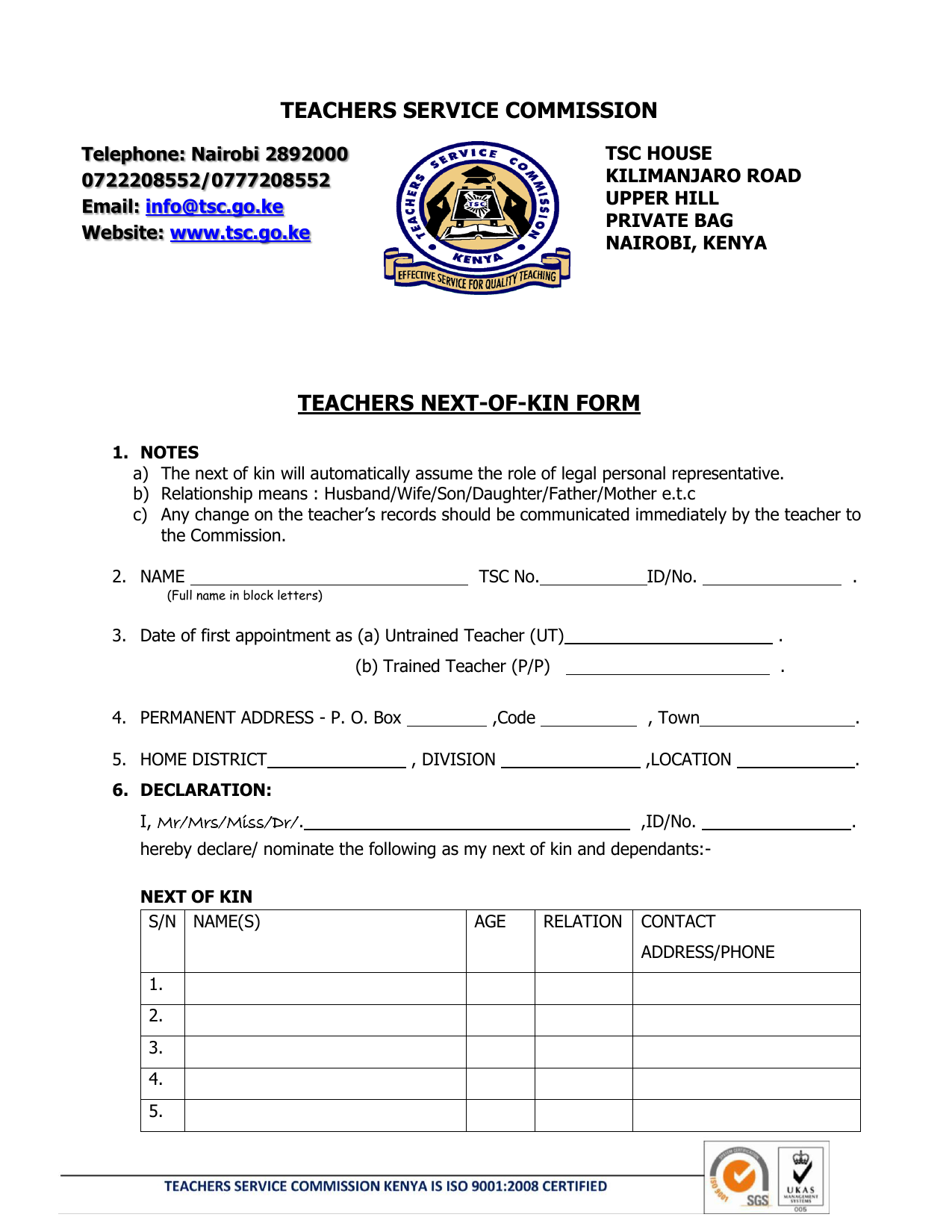 Download Teachers Next-of-kin Form - SheriaHub Documents