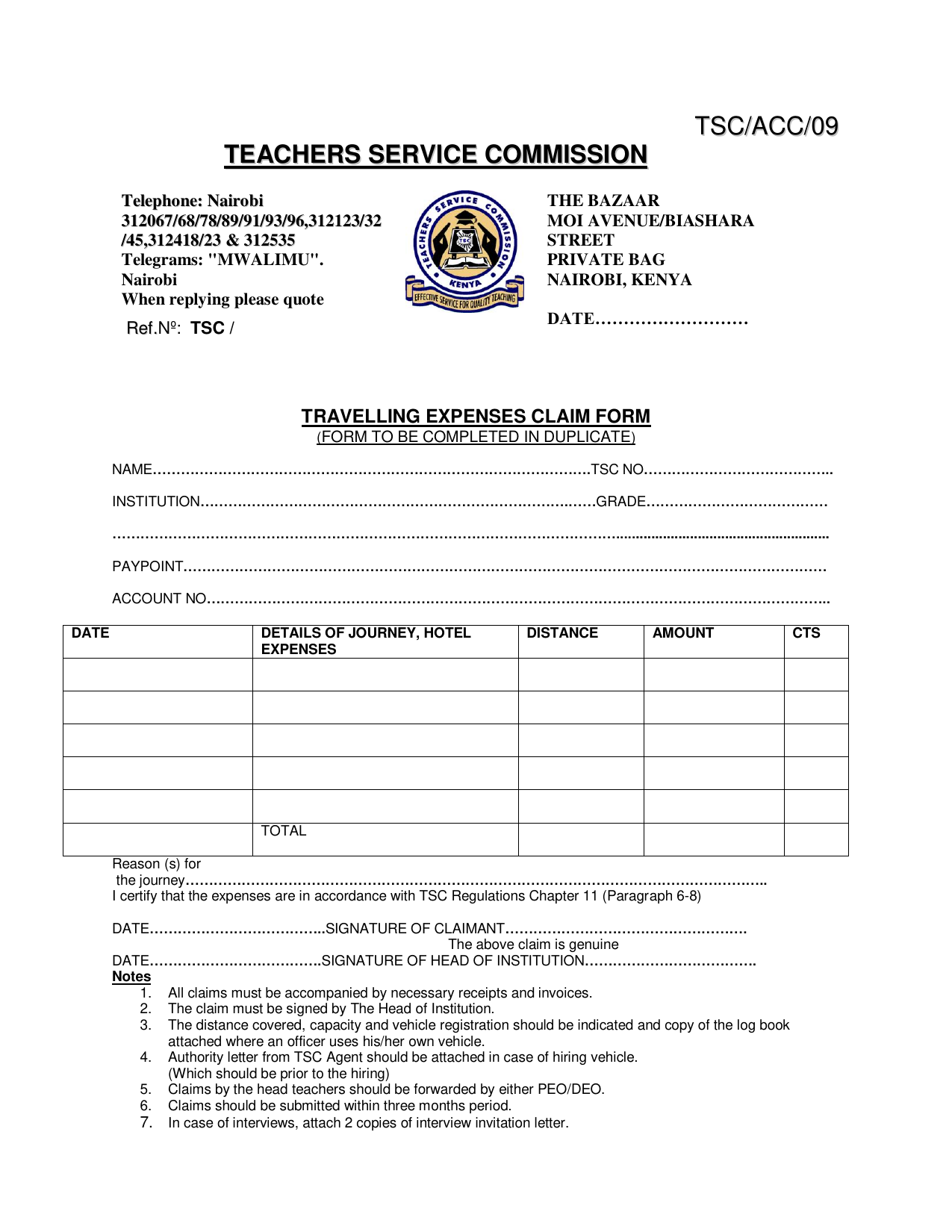 Download Travelling Claim Form (tsc/acc/09) - SheriaHub Documents