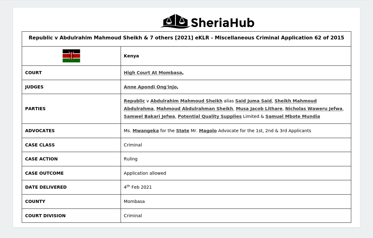 Republic V Abdulrahim Mahmoud Sheikh & 7 Others [2021] Eklr