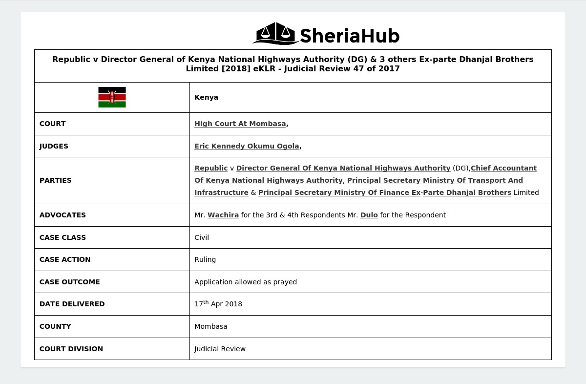 Republic V Director General Of Kenya National Highways Authority (Dg ...