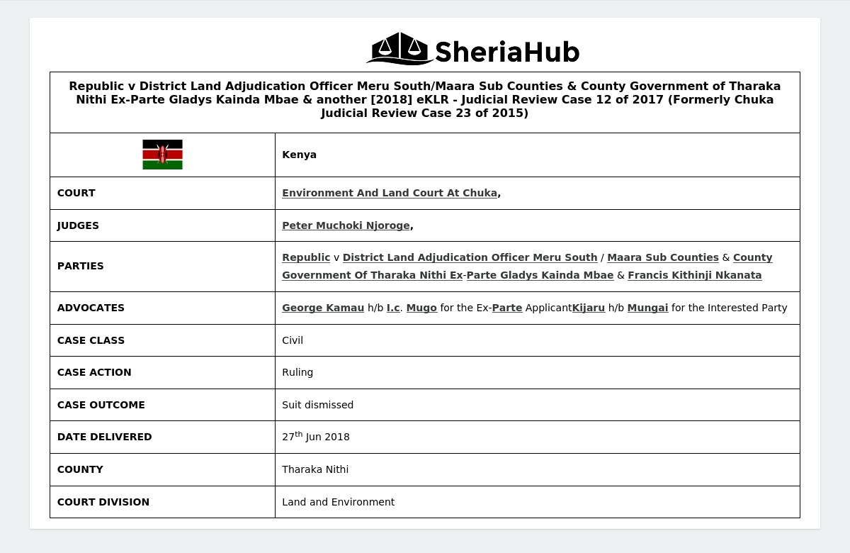 Republic V District Land Adjudication Officer Meru South/Maara Sub ...