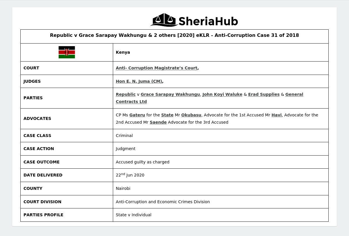 Republic V Grace Sarapay Wakhungu & 2 Others [2020] Eklr